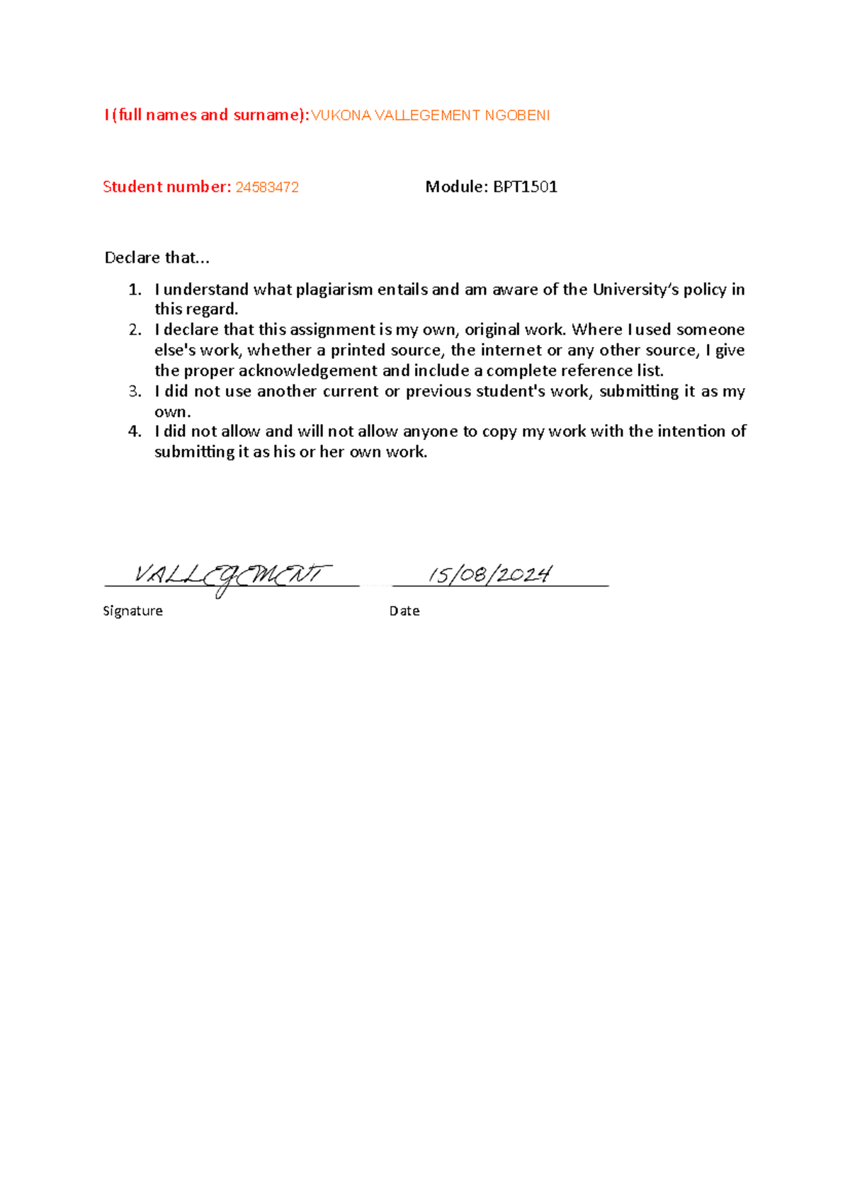 Semester 2 Assignment 2 Declaration form - I (full names and surname): Student number: Module ...