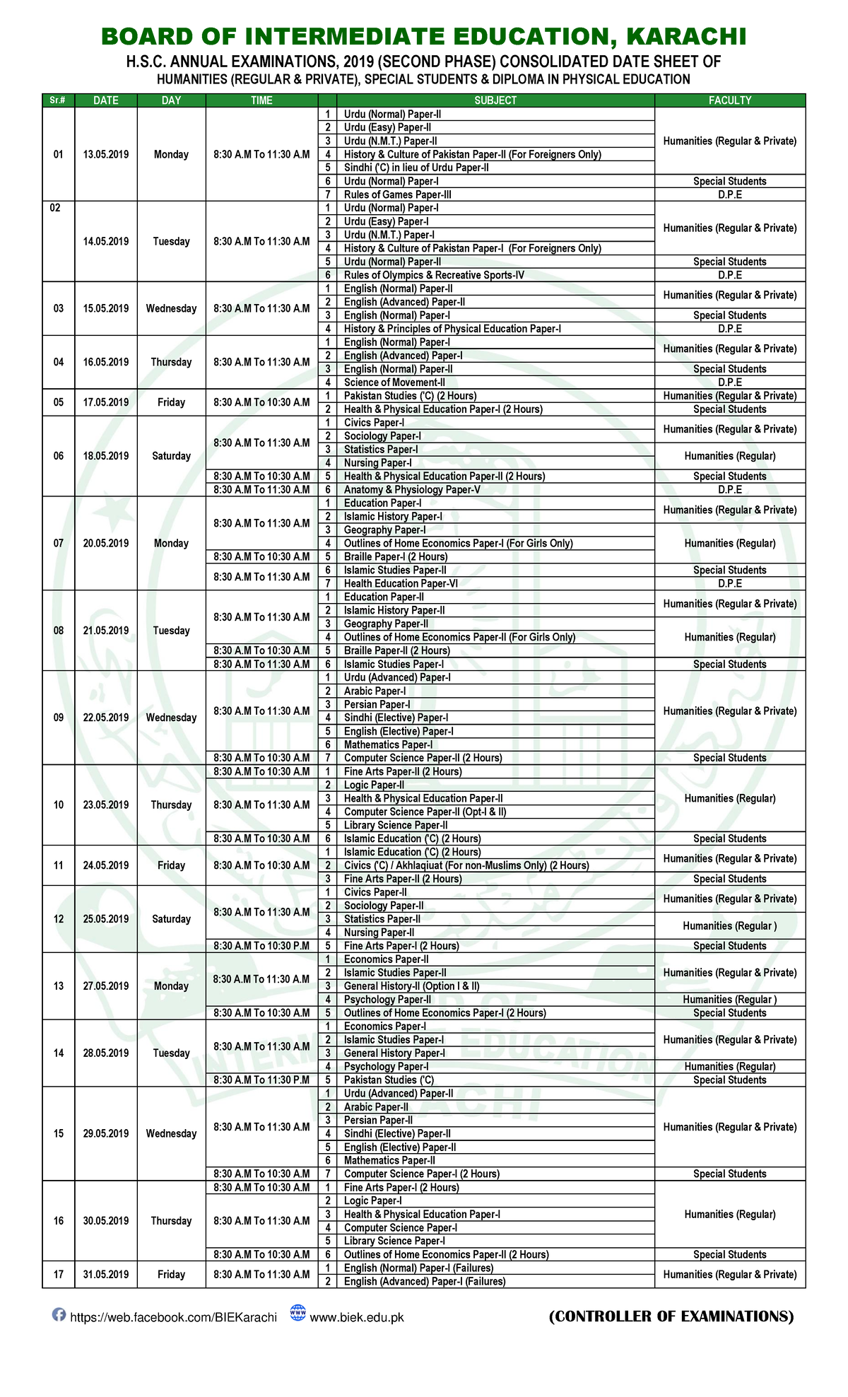 HSC Annual Exam 2019 (2nd Phase) Date Sheet for Humanities & DPE - Studocu