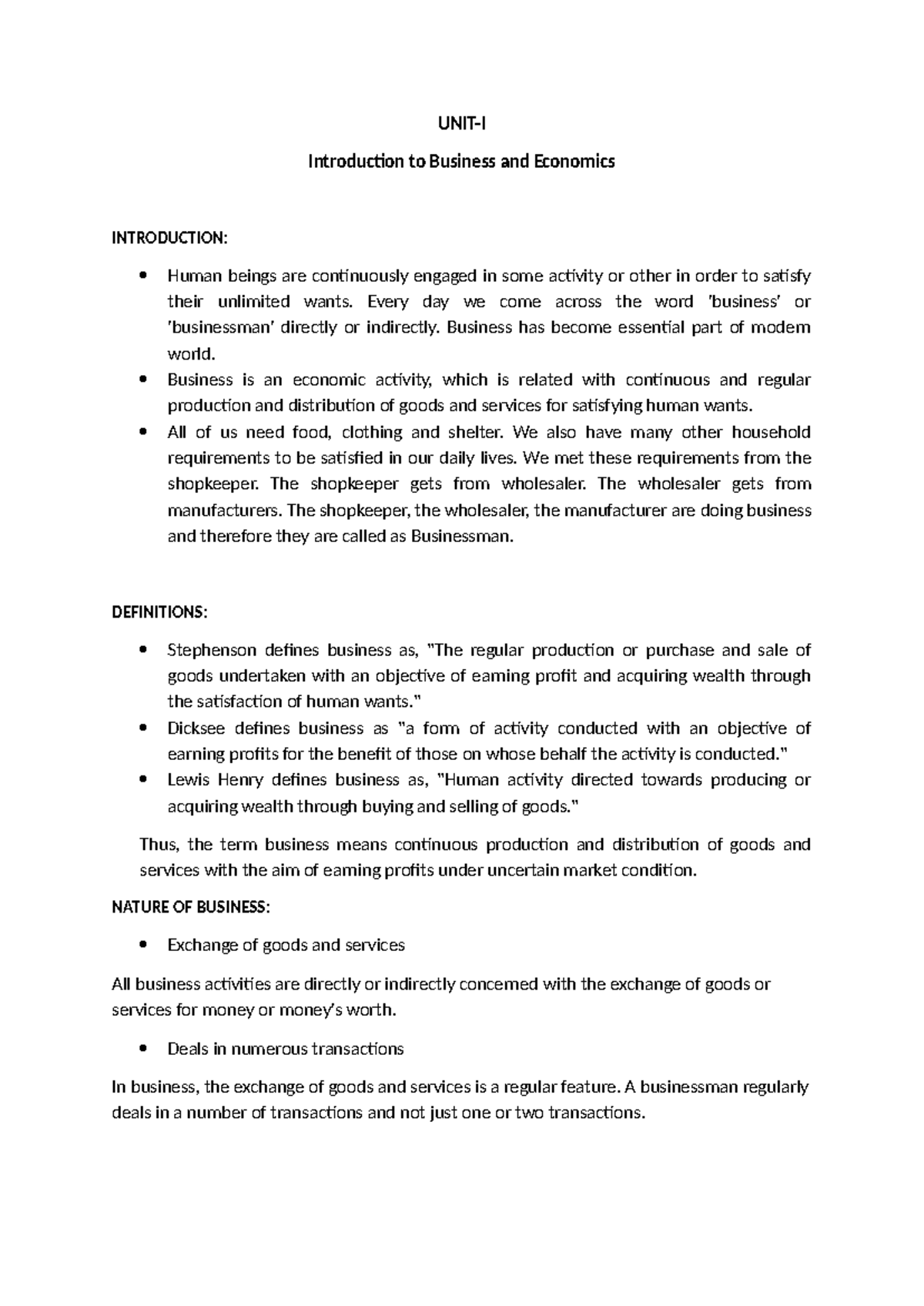 BEFA-UNIT-1: Introduction to Business and Economics Overview - Studocu
