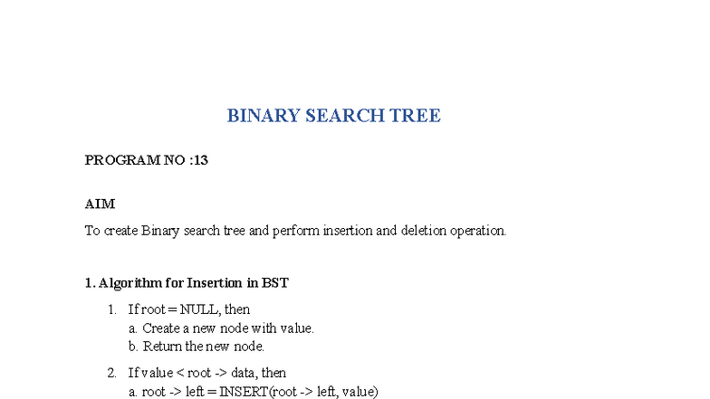 Binary Search Tree Operations: Insertion & Deletion (Prog No: 13) - Studocu