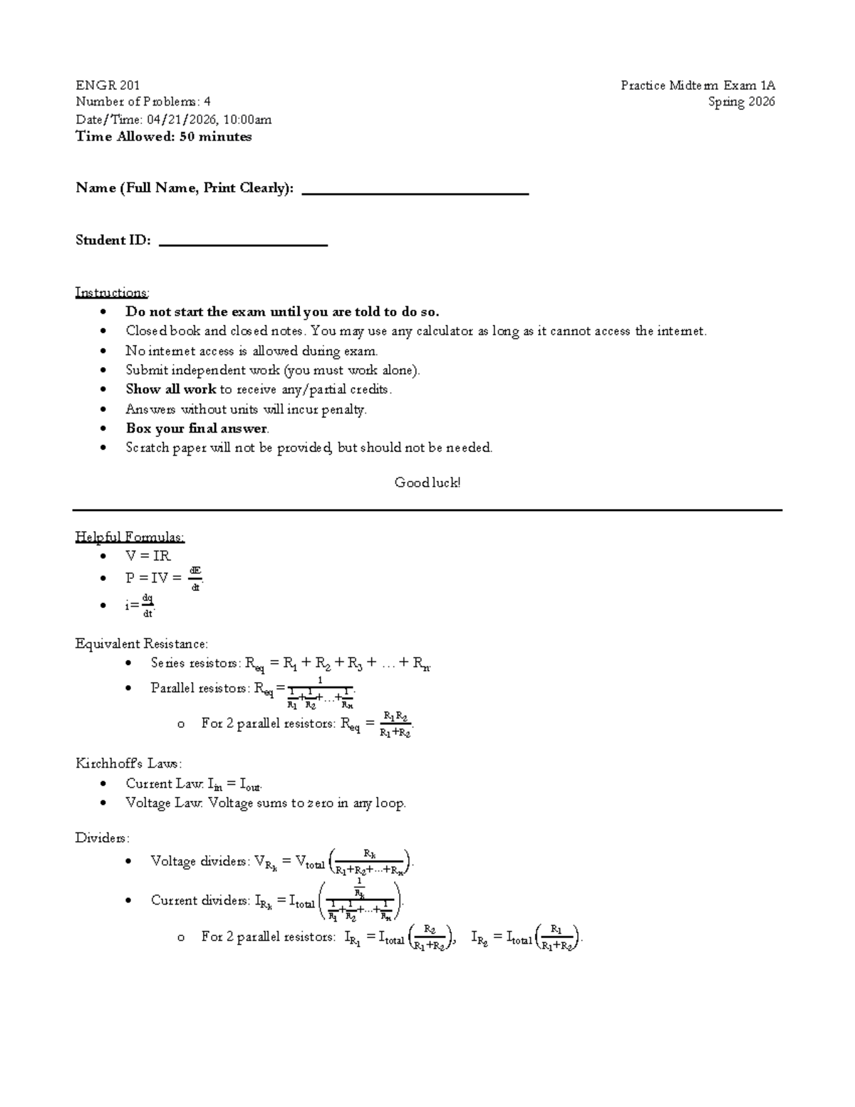 ENGR 201 Sp2026 Practice Midterm Exam 1A - Problem Set - Studocu