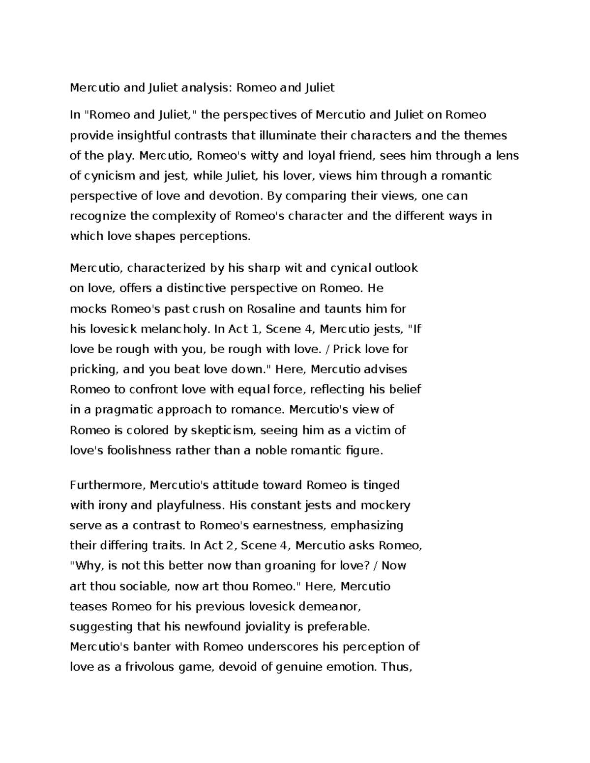 Document 2 - Notes from class - Mercutio and Juliet analysis: Romeo and ...