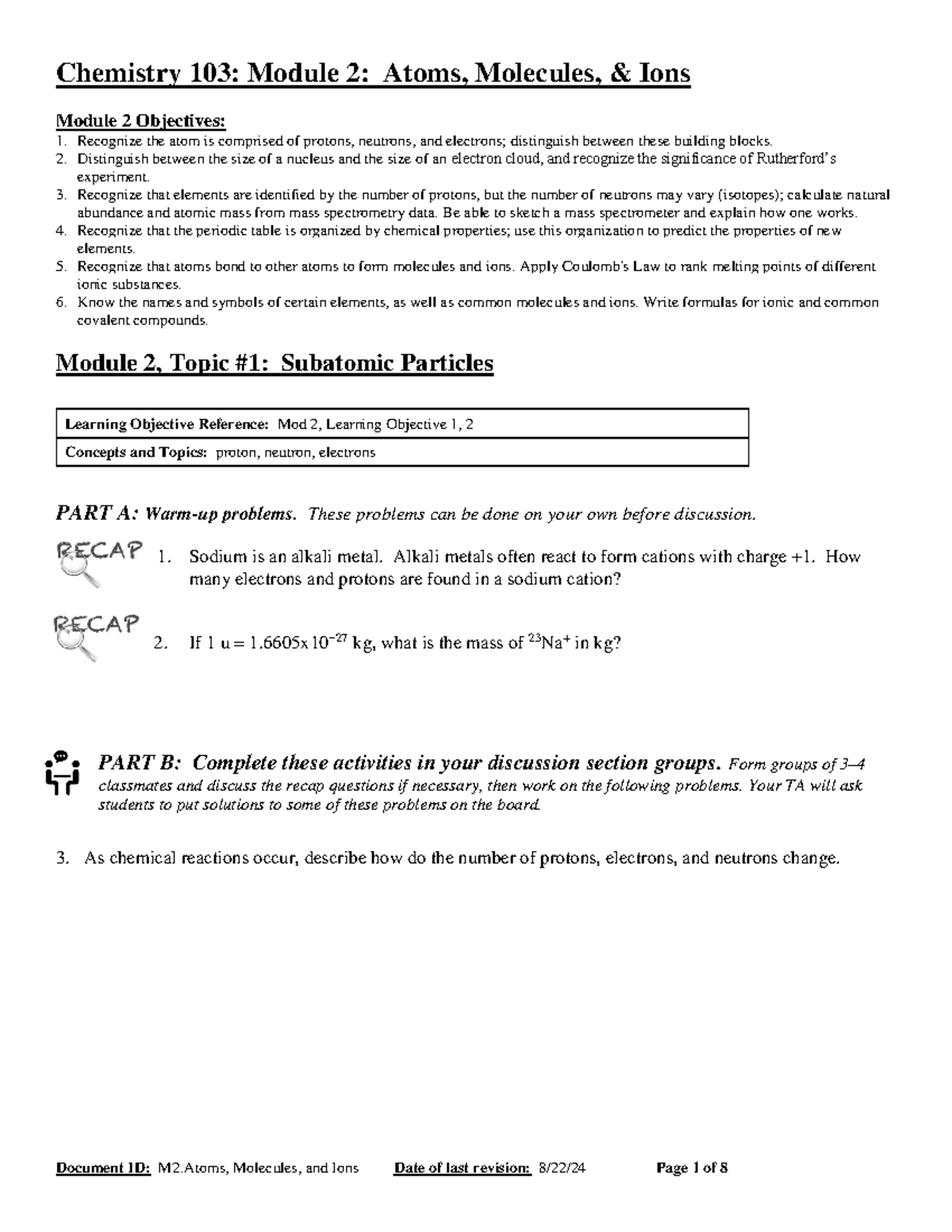 Chemistry 103: Module 2 - Atoms, Molecules, & Ions Overview and ...