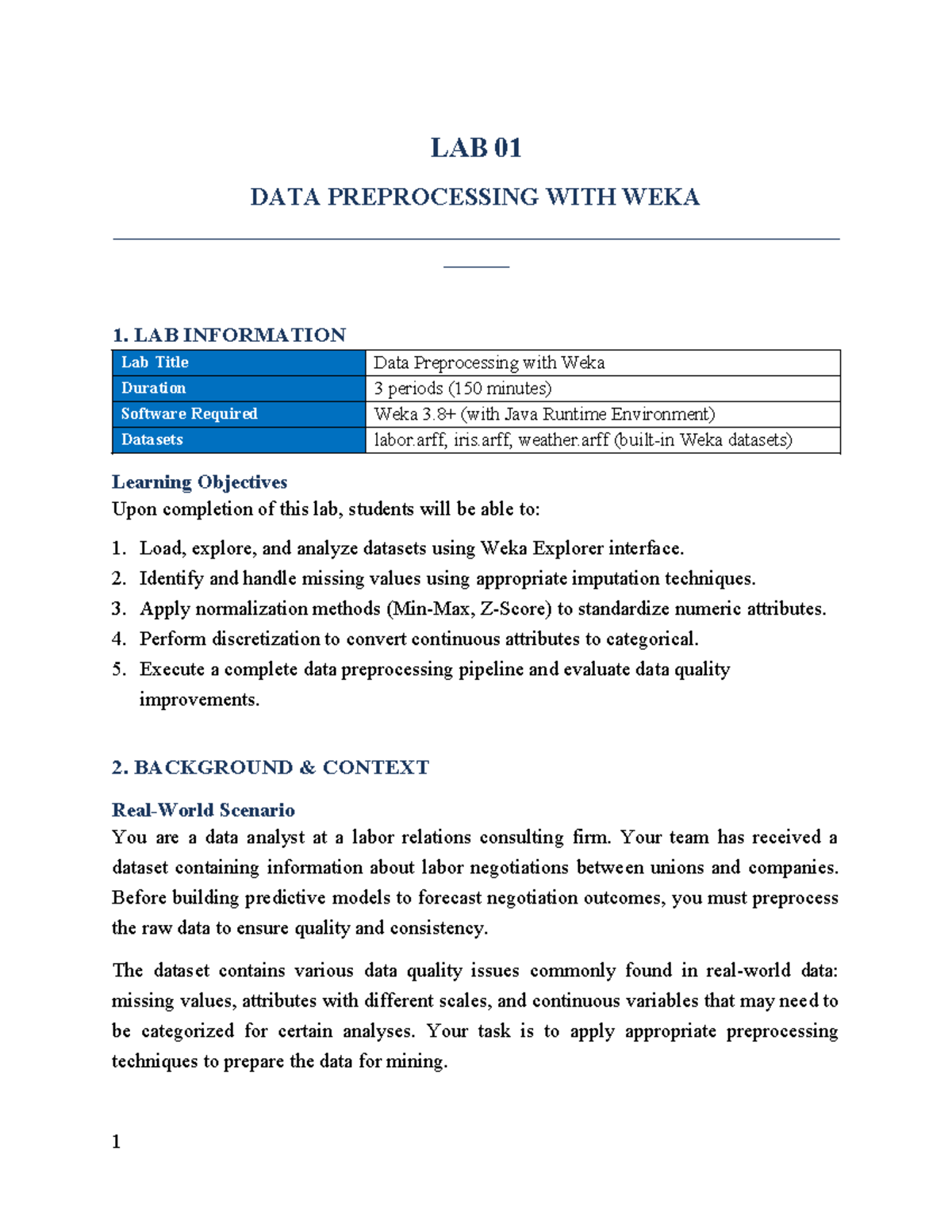 LAB 01: Data Preprocessing Techniques Using Weka - Studocu
