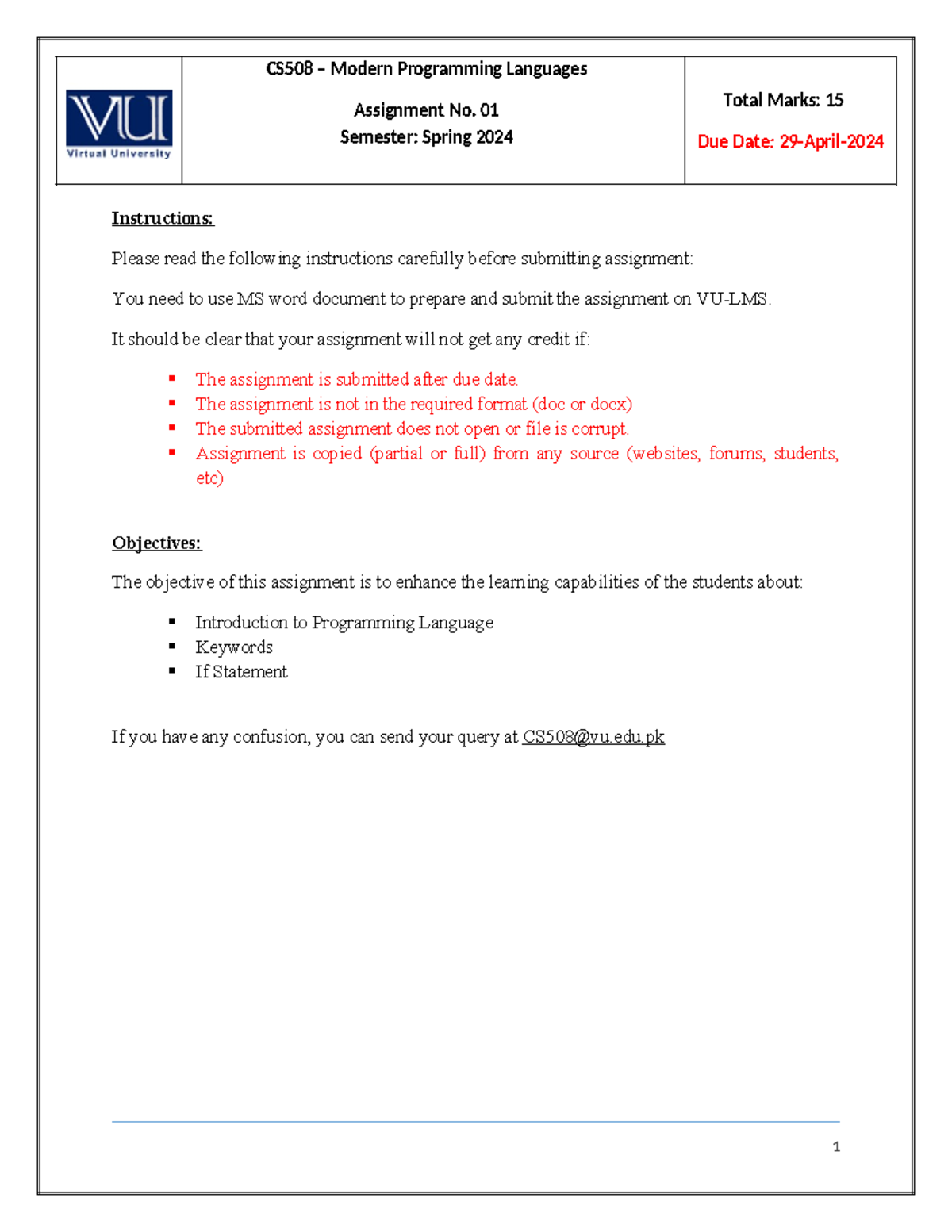 Spring 2024 CS508 1 - Assignment No. 01 Semester: Spring 2024 Total Marks: 15 Due Date: 29 ...