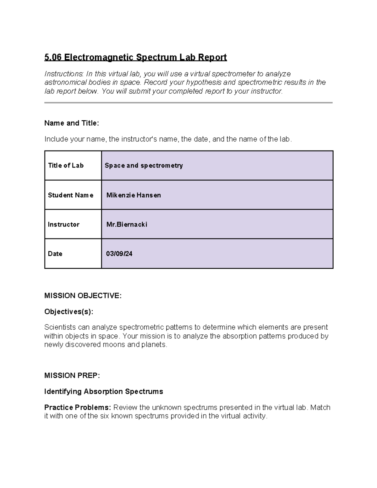 Lab Report: Electromagnetic Spectrum Analysis - Science 5 - Studocu