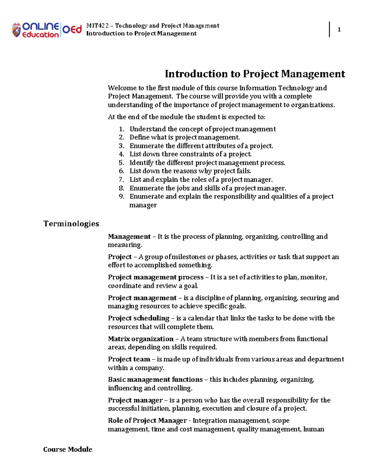 MIT422 - Module 1: Intro to Project Management Concepts and Processes ...