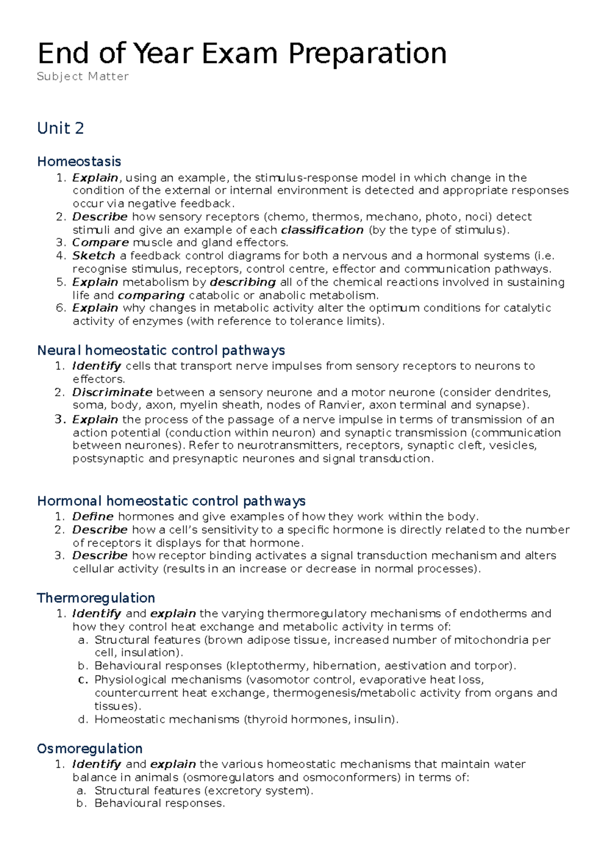 Unit 2 Homeostasis: End of Year Exam Prep on Feedback Mechanisms - Studocu