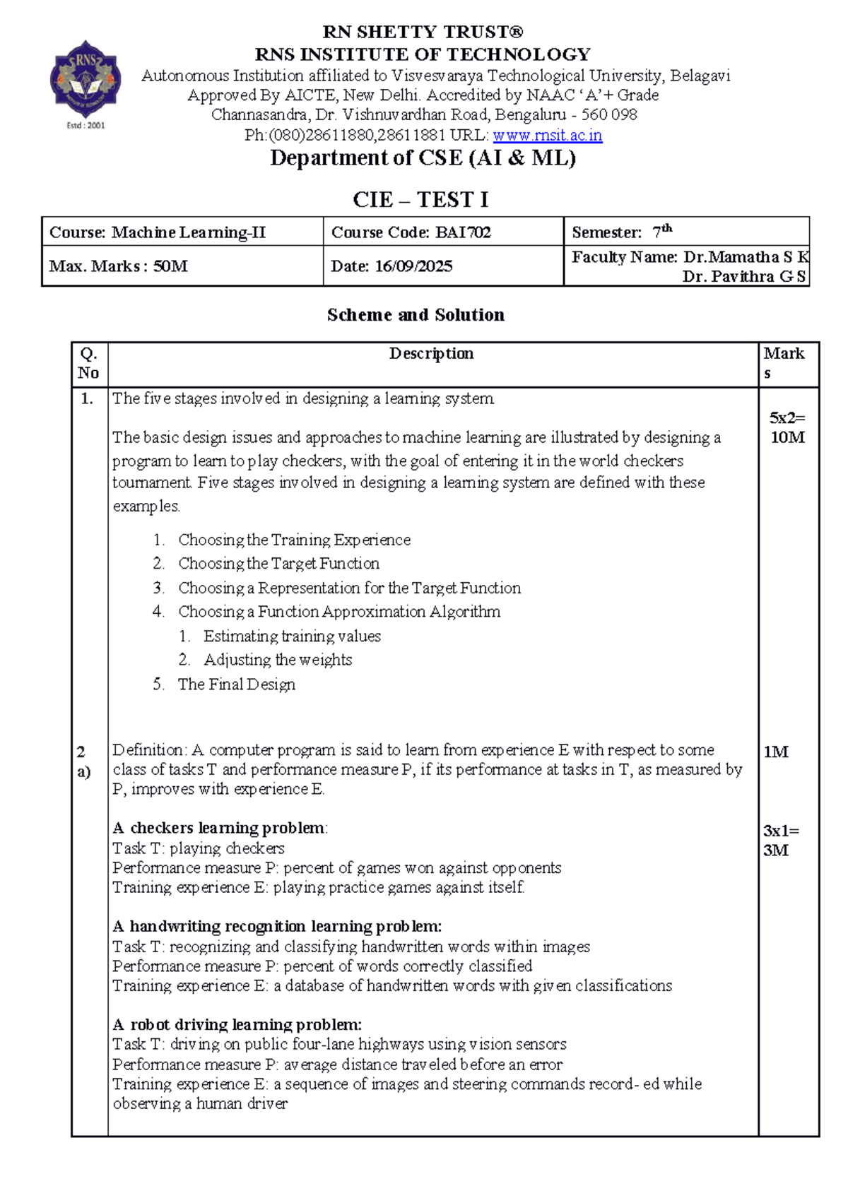 ML BAI702 CIE Test I: Designing Learning Systems and Algorithms - Studocu