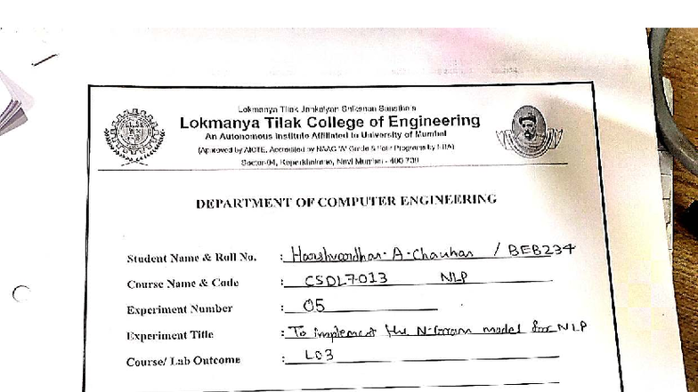 NLP Lab Experiment 05: Implementing Language Model (CSDL7013) - Studocu
