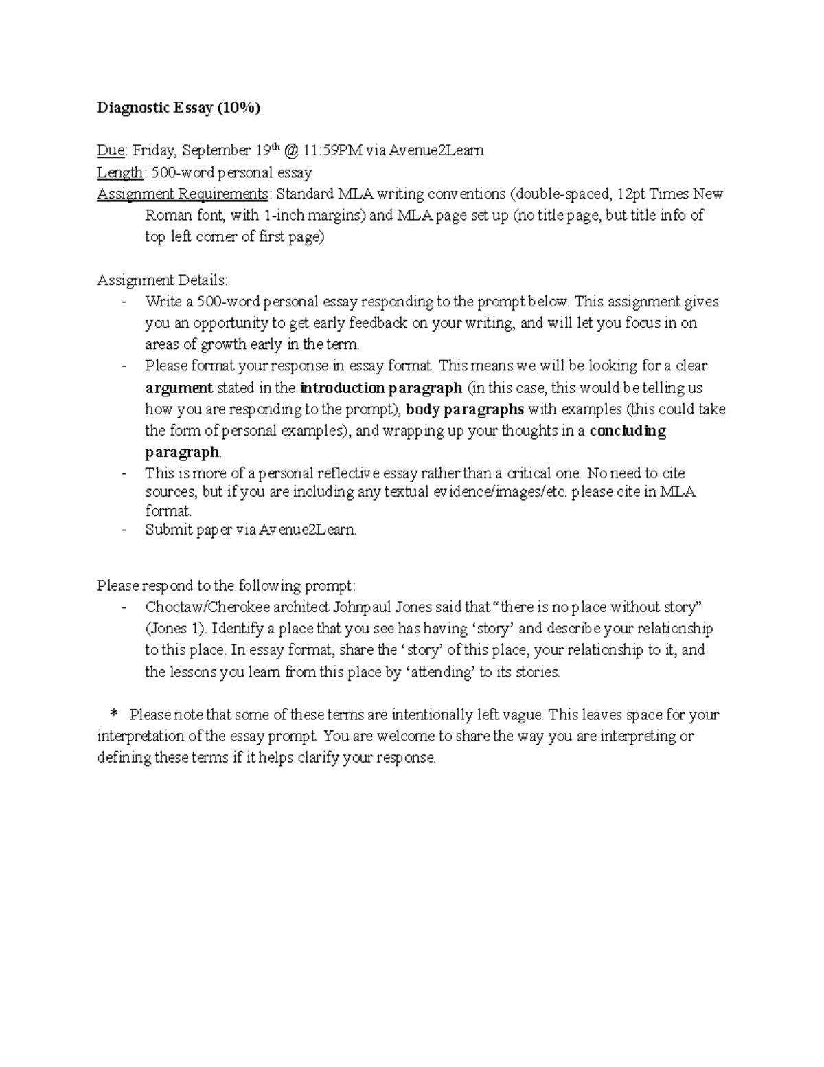 English 1H03 Diagnostic Essay Guidelines: Personal Reflection ...