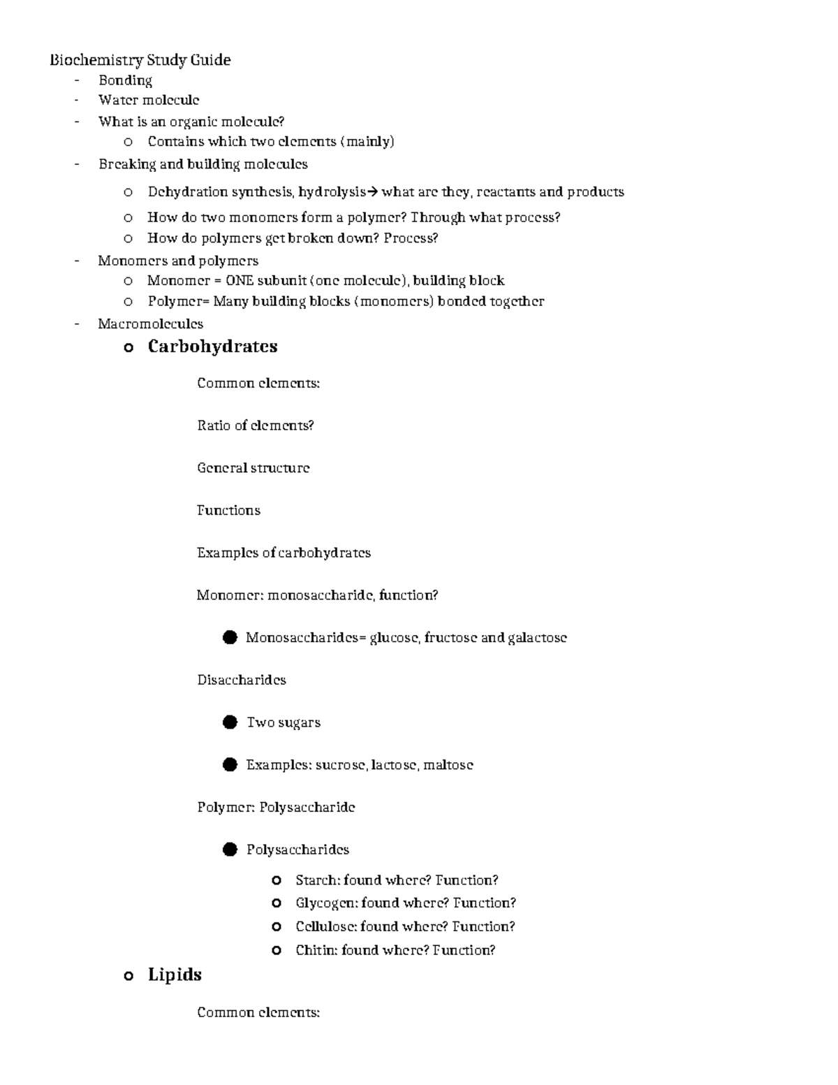 Biochemistry Study Guide: Organic Macromolecules & Functions - Studocu