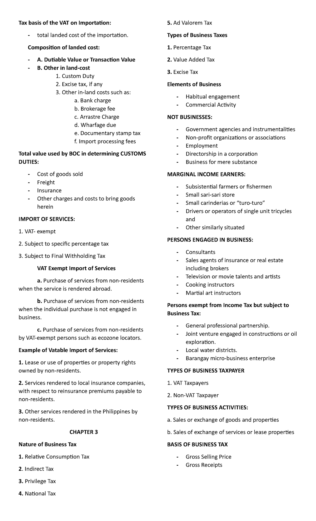 Business Tax Notes - Key Concepts, Types, and Exemptions - Studocu