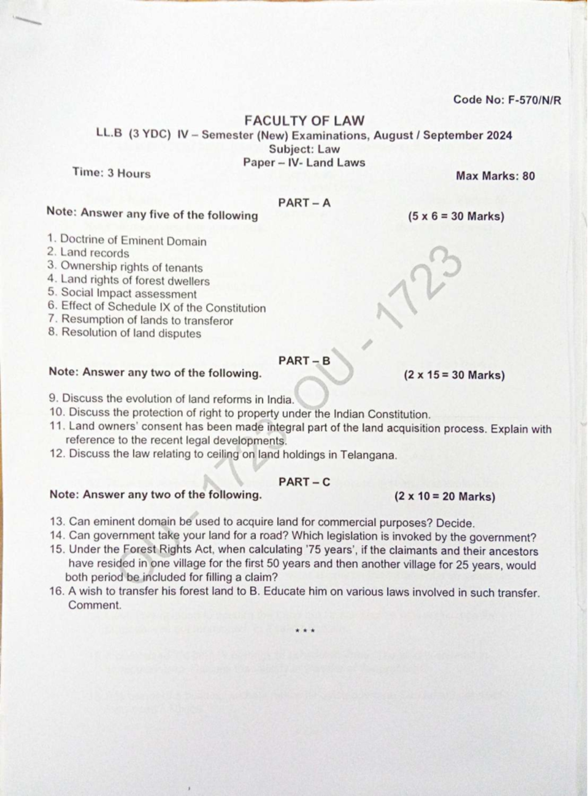 Land Laws - Question Papers for LL.B. (3 YDC) IV Semester Examinations ...