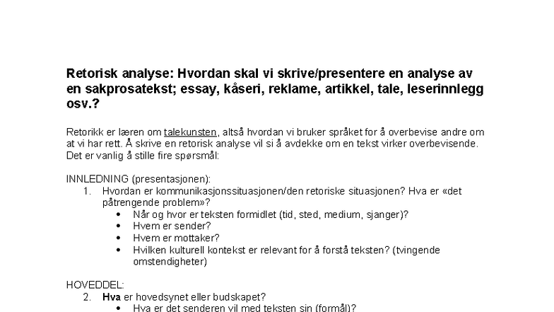 Retorisk Analyse: Oppskrift for Essay, Kåseri og Reklame - Studocu