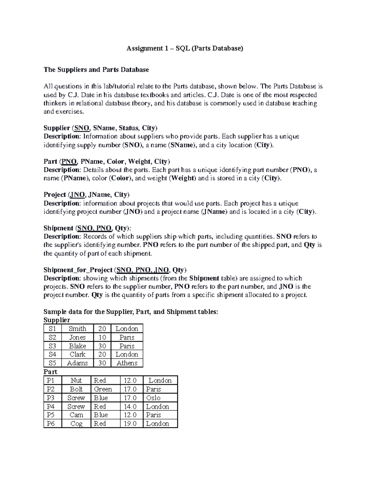 Assignment 1 SQL: Parts Database and Queries Analysis - Studocu