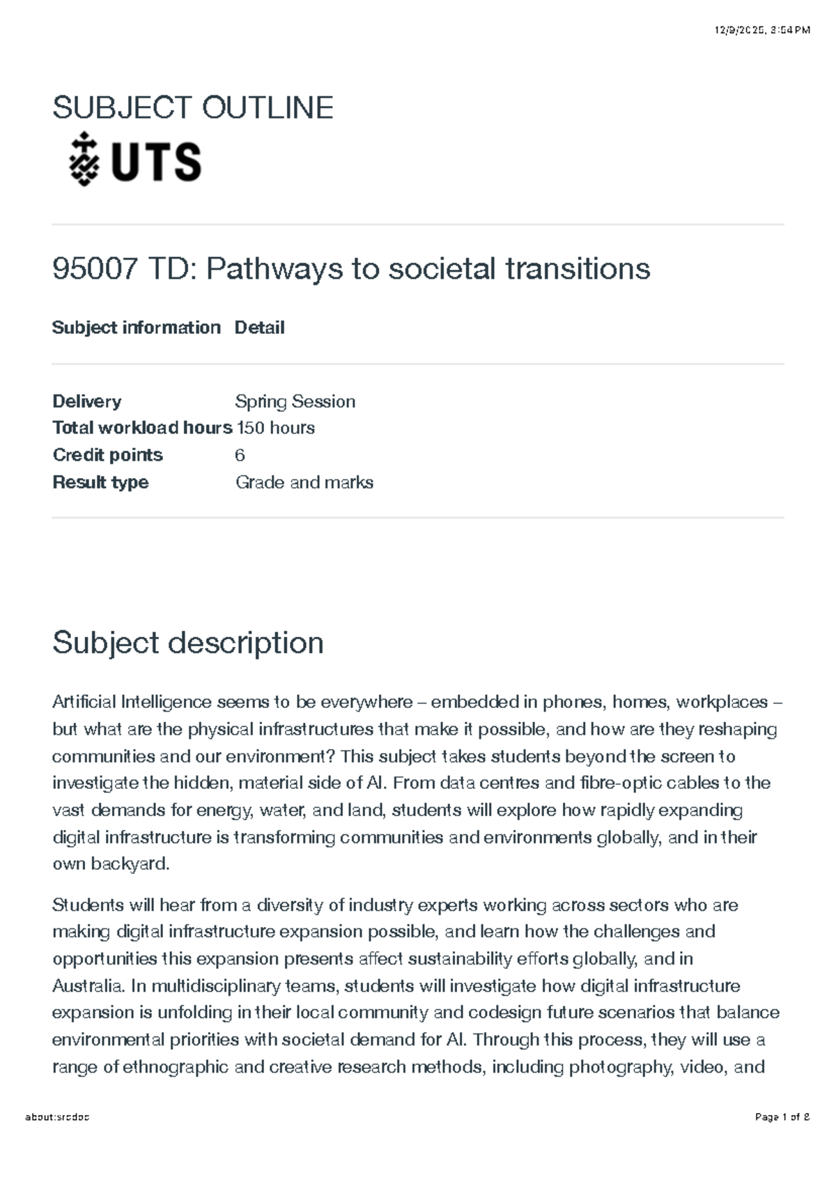 Subject Outline 95007 TD: Exploring AI's Impact on Communities - Studocu