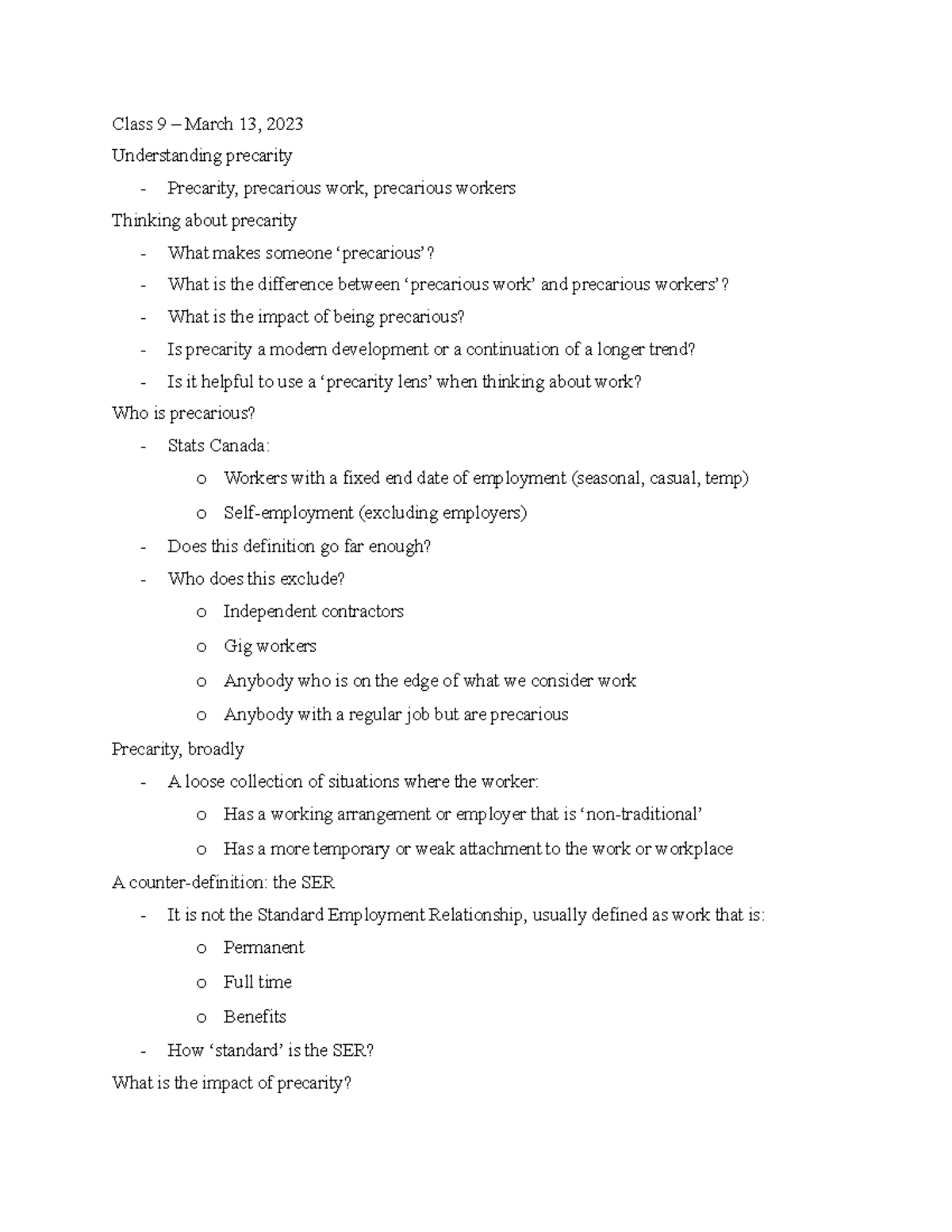 Class 9 Lecture Notes: Understanding Precarity in Today's Workforce ...