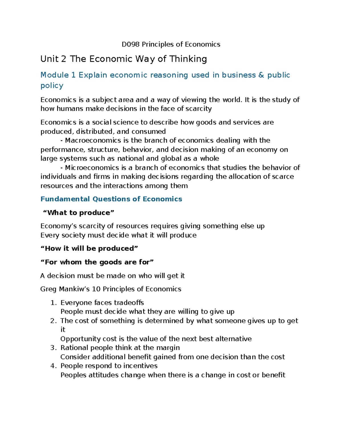 D098 Principles of Economics: Understanding Economic Reasoning ...