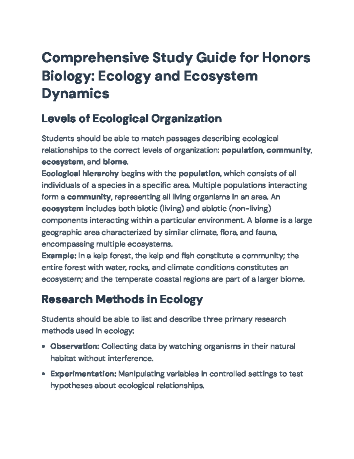 Comprehensive Study Guide for Honors Biology: Ecology & Ecosystem ...