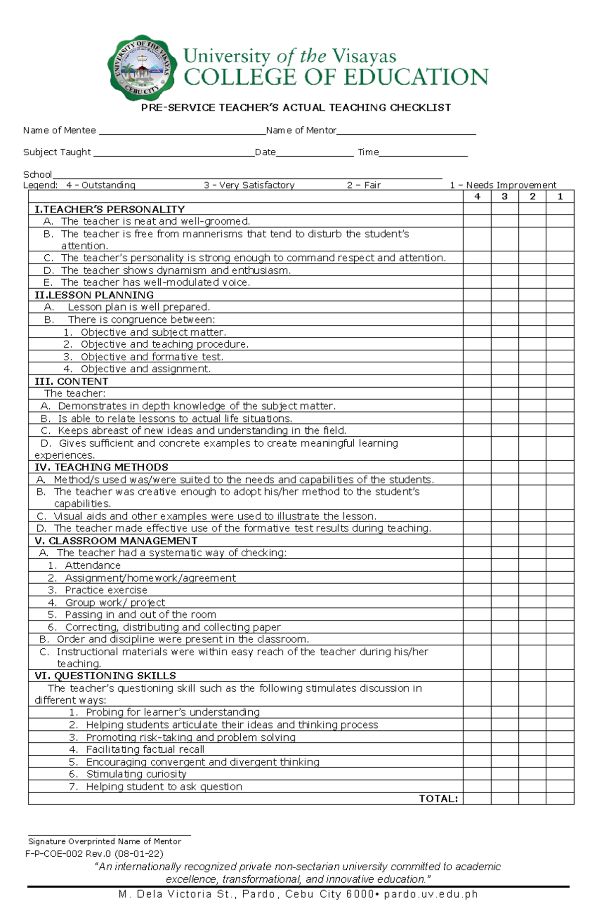 Pre-Service Teachers' Actual Teaching Checklist (F-P-COE-002) - Studocu