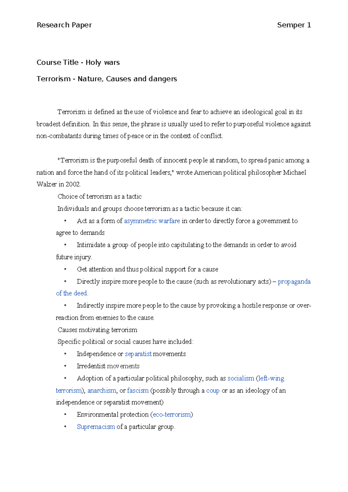Research Paper Semper 1: Holy Wars and the Nature of Terrorism - Studocu