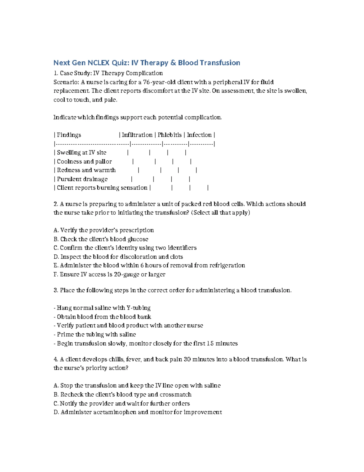 NCLEX IV Therapy & Blood Transfusion Practice Questions - Studocu