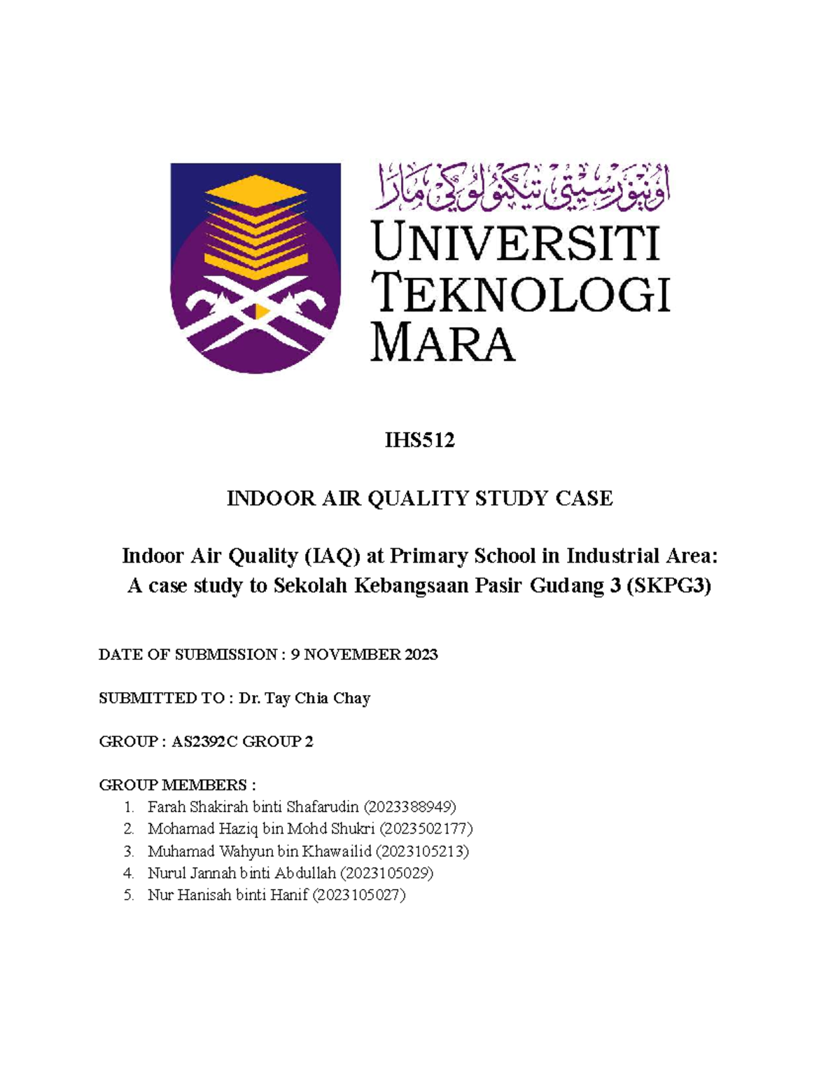 IHS512 Case Study: Indoor Air Quality Assessment at SKPG3 School - Studocu