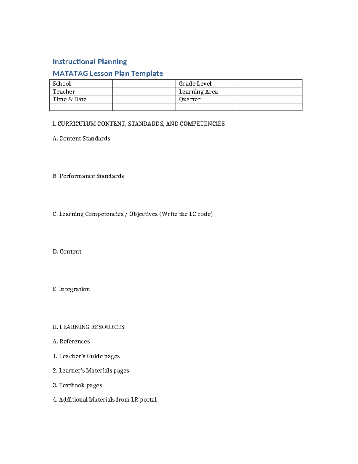 Matatag Lesson Plan Template-2 - Instructional Planning MATATAG Lesson ...
