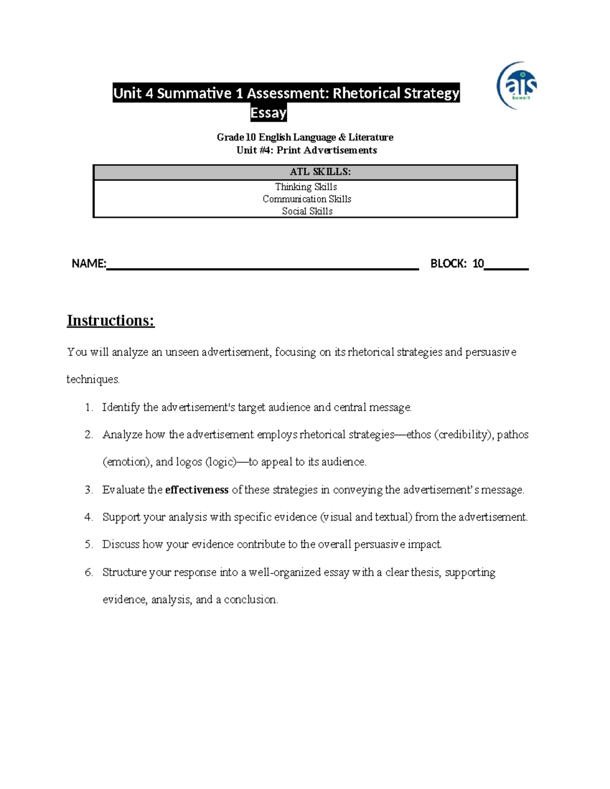 Unit 4 ELA 10 summative assessment: Rhetorical strategy essay analysis ...
