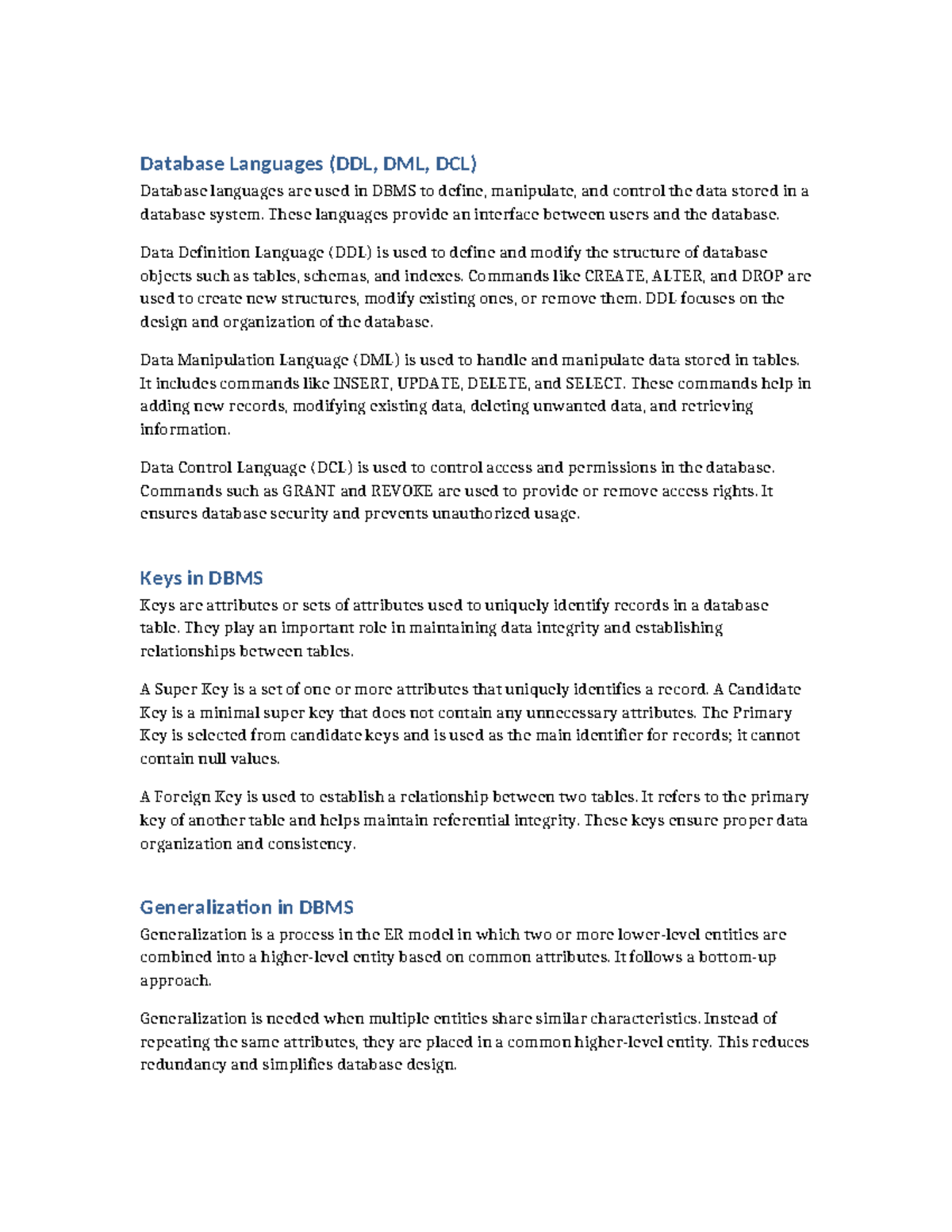 DBMS Detailed Notes: DDL, DML, DCL, Keys & Generalization - Studocu