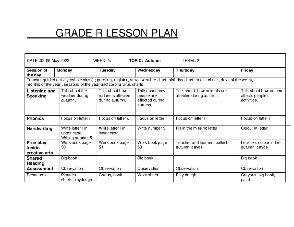 GRADE R Term 2 Lesson Plan: Autumn Activities & Assessments - Studocu