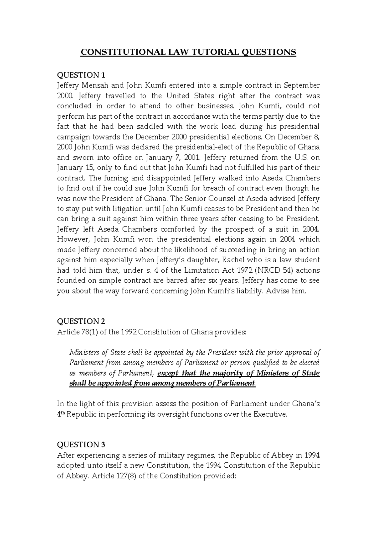 Constitutional LAW Questions - CONSTITUTIONAL LAW TUTORIAL QUESTIONS ...