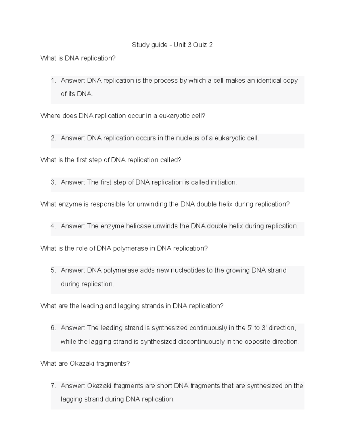 Biology Study Guide - Unit 3 Quiz 2: DNA Replication Essentials - Studocu