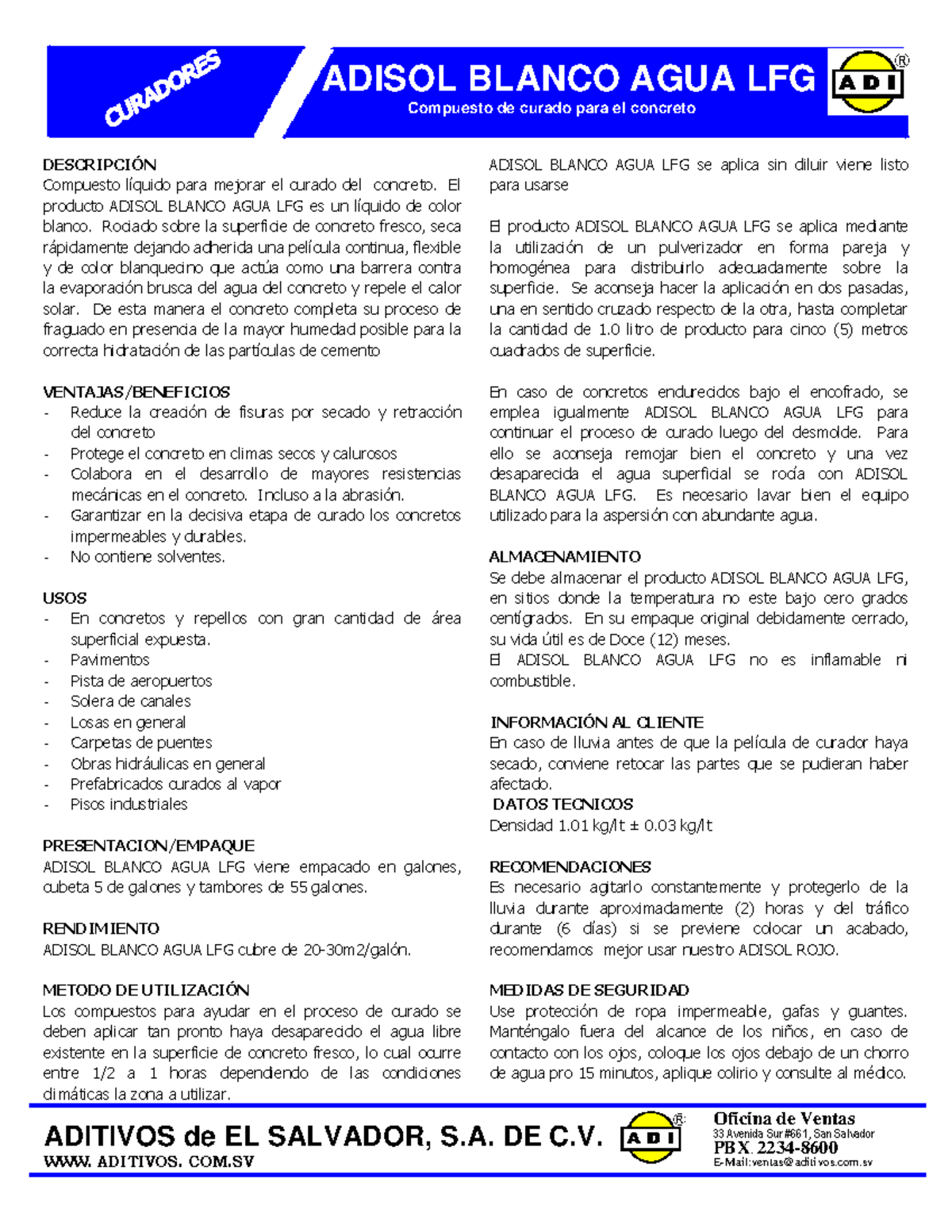 Compuesto de Curado ADISOL BLANCO AGUA LFG para Concreto - Studocu