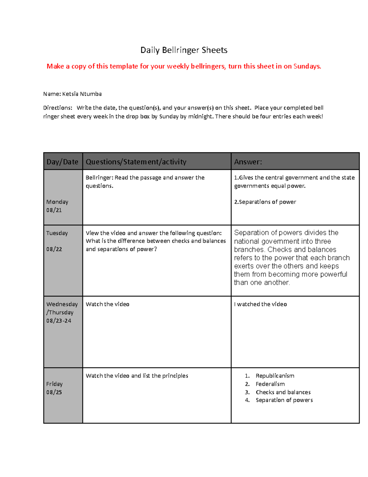 Federalism Bellringer Weekly Report for Social Studies (SS101) - Studocu