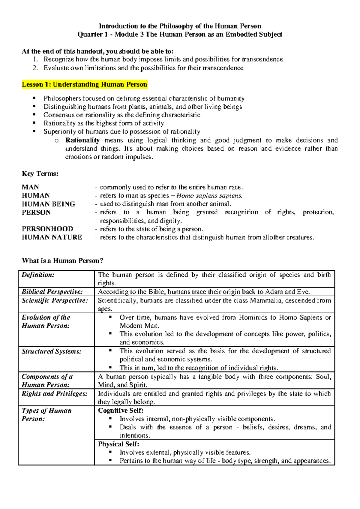 Lesson Guide 3: Understanding the Human Person as an Embodied Subject ...