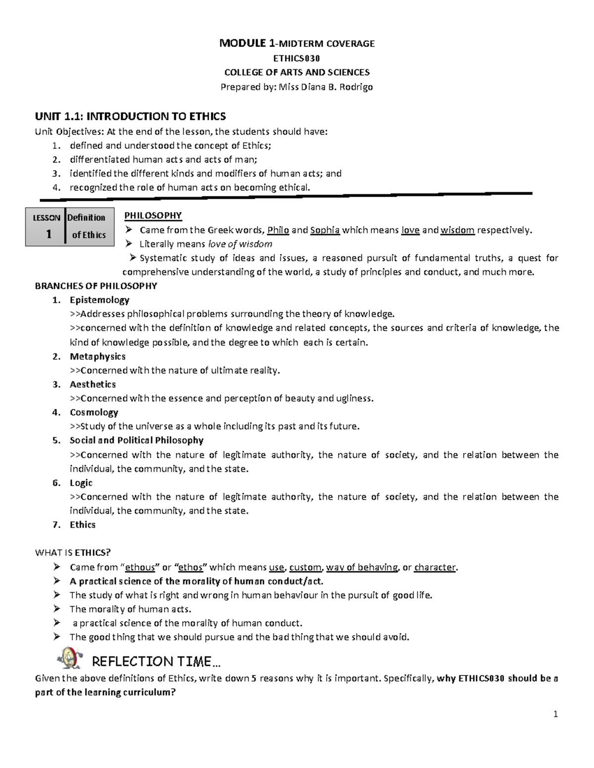 Module-1 Midterm - ETHICS - MODULE 1-MIDTERM COVERAGE ETHICS COLLEGE OF ...