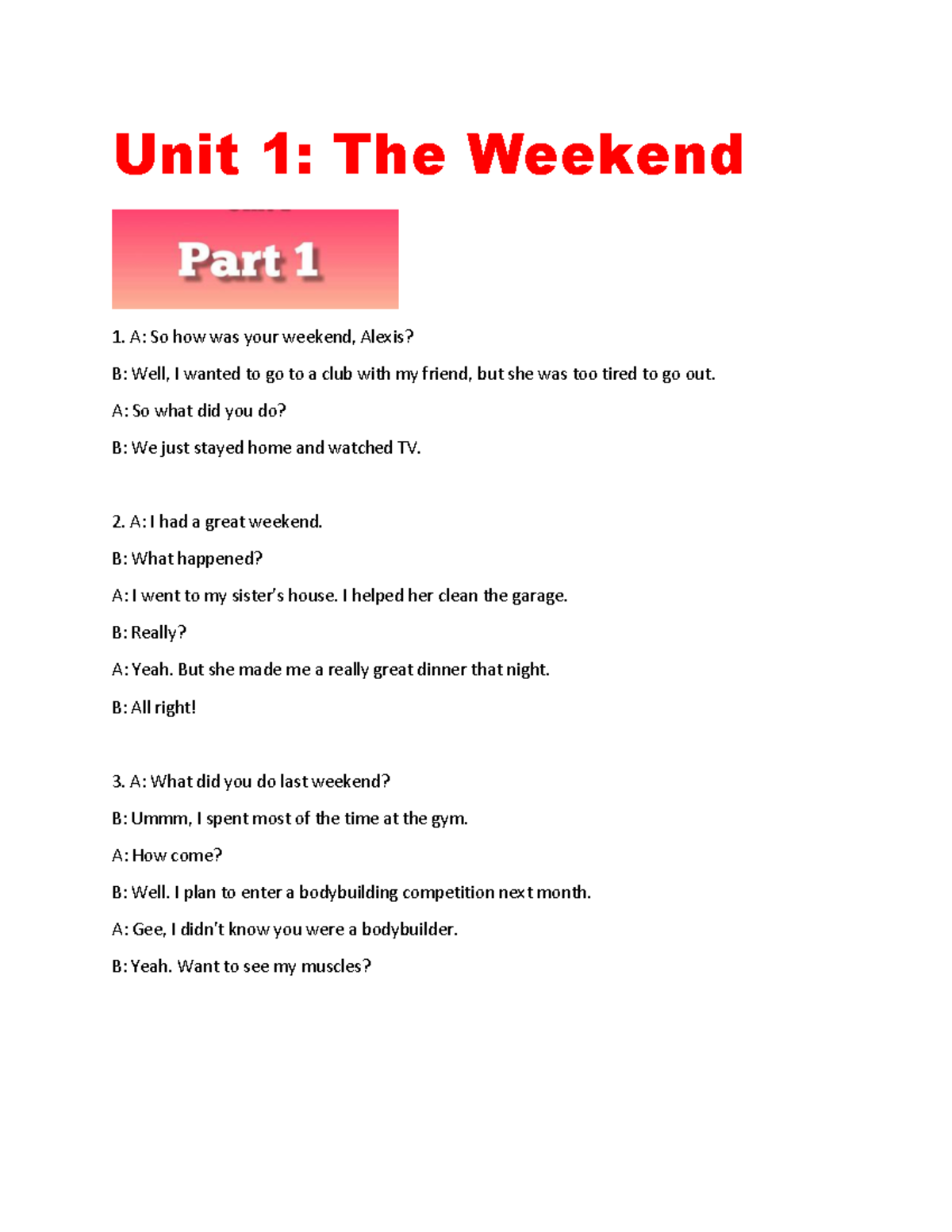 Unit 1: Summary of Weekend Experiences in English Language Literature ...
