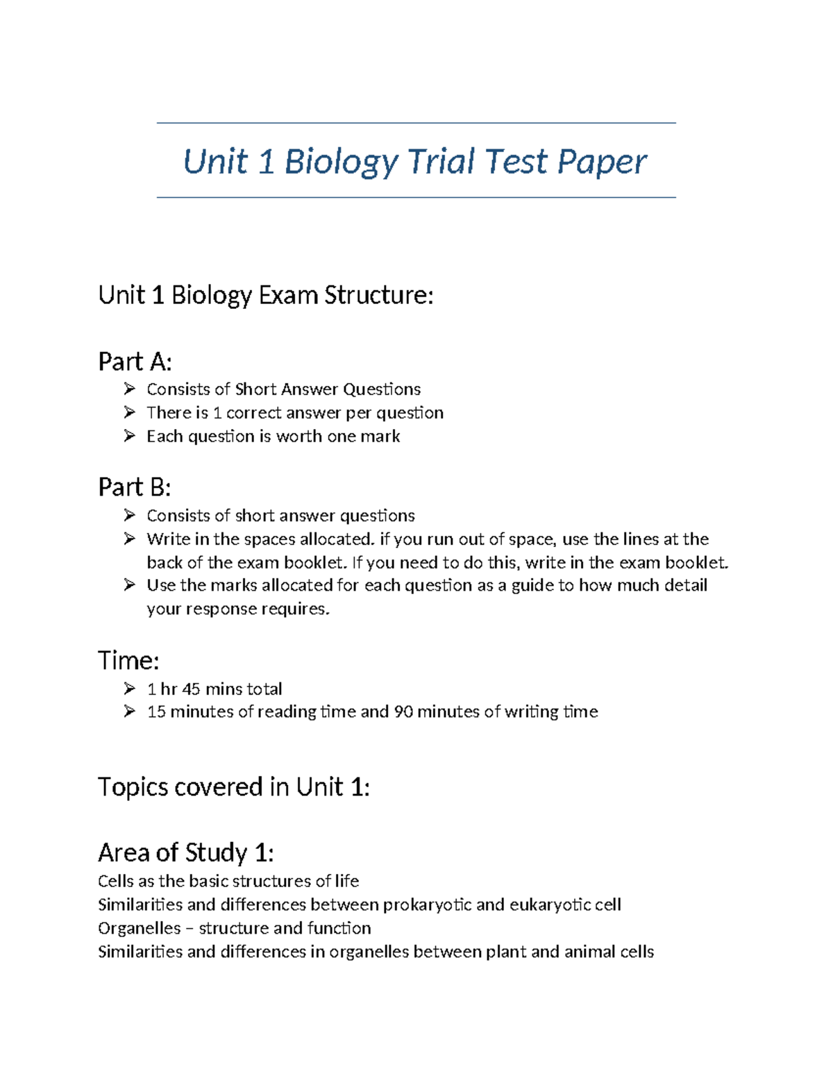 Unit 1 Biology Trial Test Paper: Exam Structure & Key Topics - Studocu