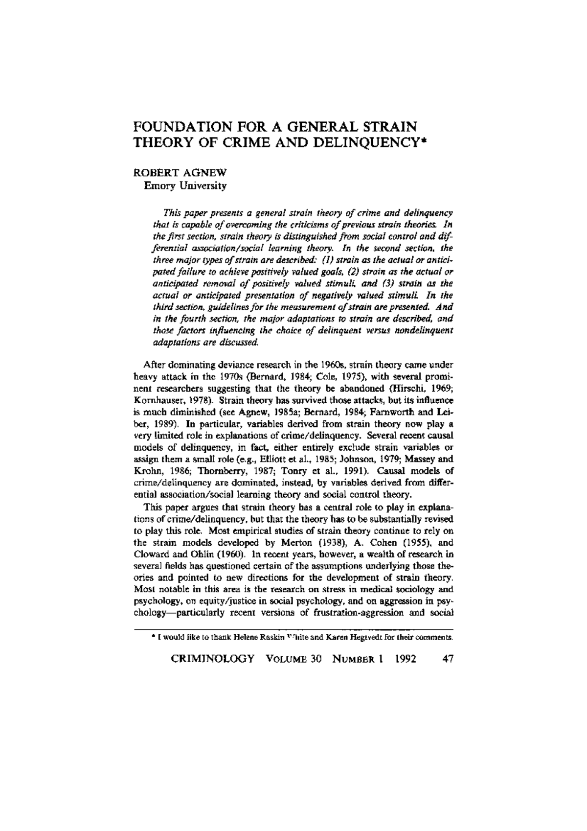Foundation for a General Strain Theory of Crime and Delinquency: Agnew ...