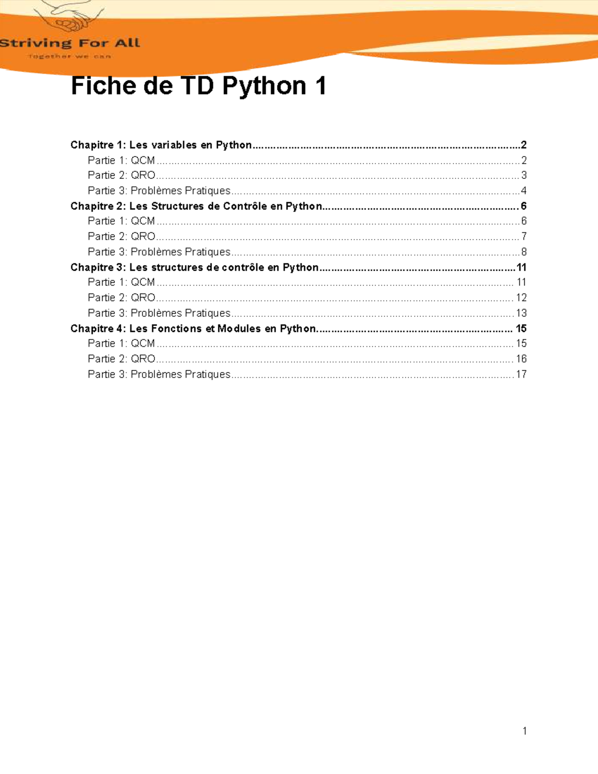 Fiche de TD Python 1: Variables, Structures de Contrôle et Fonctions - Studocu