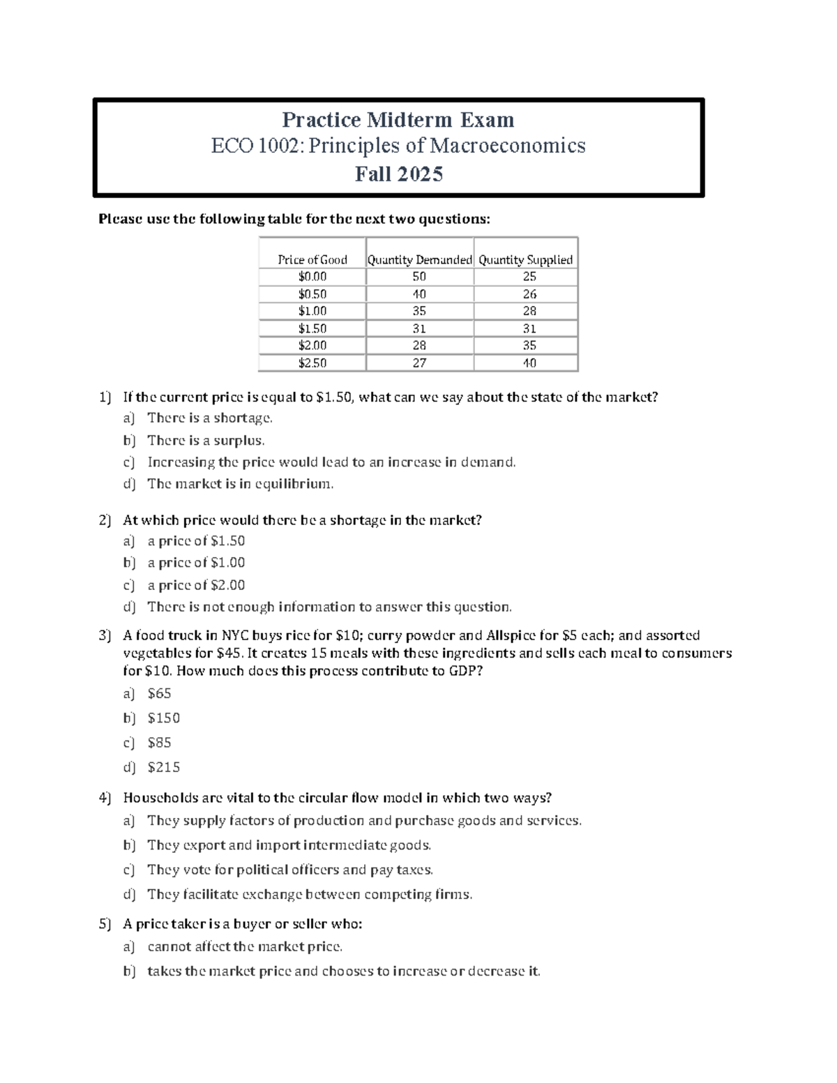 Practice Midterm Exam ECO 1002: Principles of Macroeconomics (Fall 2025 ...