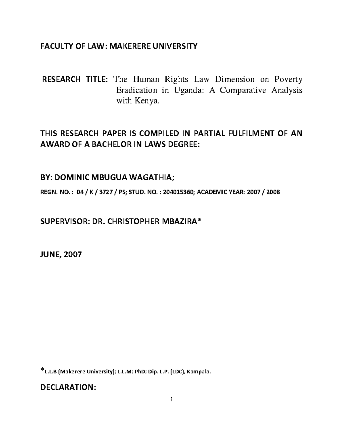 Introduction-Paper on Poverty Eradication - i FACULTY OF LAW: MAKERERE ...