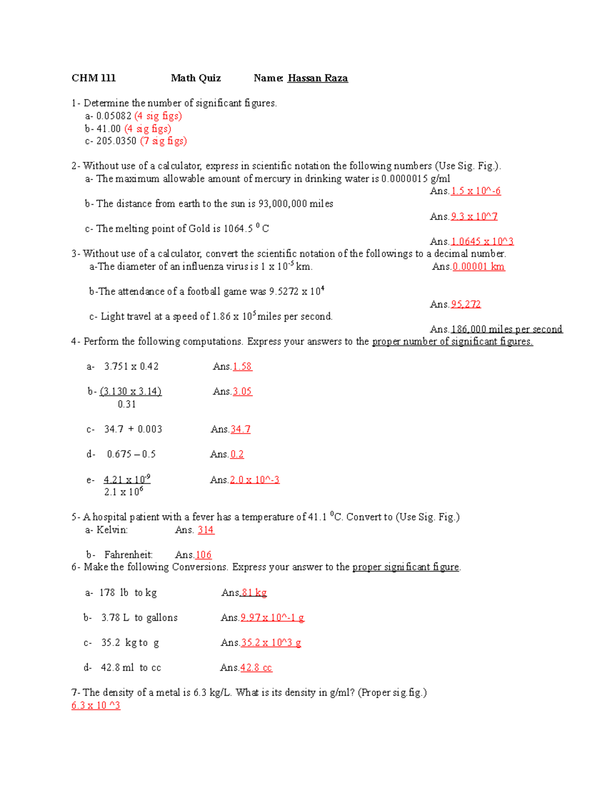 CHM 111 Math Quiz - Significant Figures and Scientific Notation Review ...