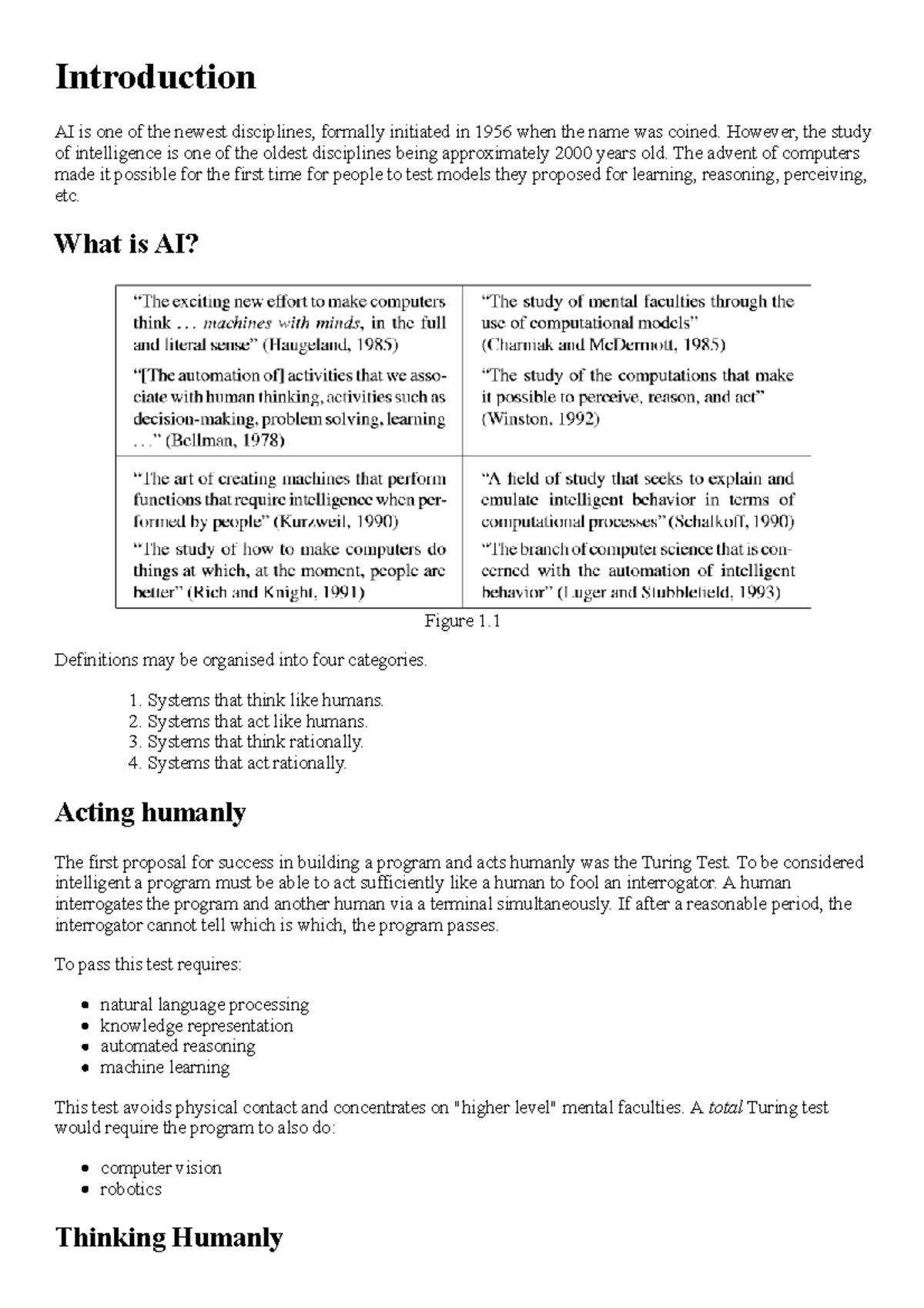 Thinking humanly - note on approaches to make AI - Introduction AI is ...