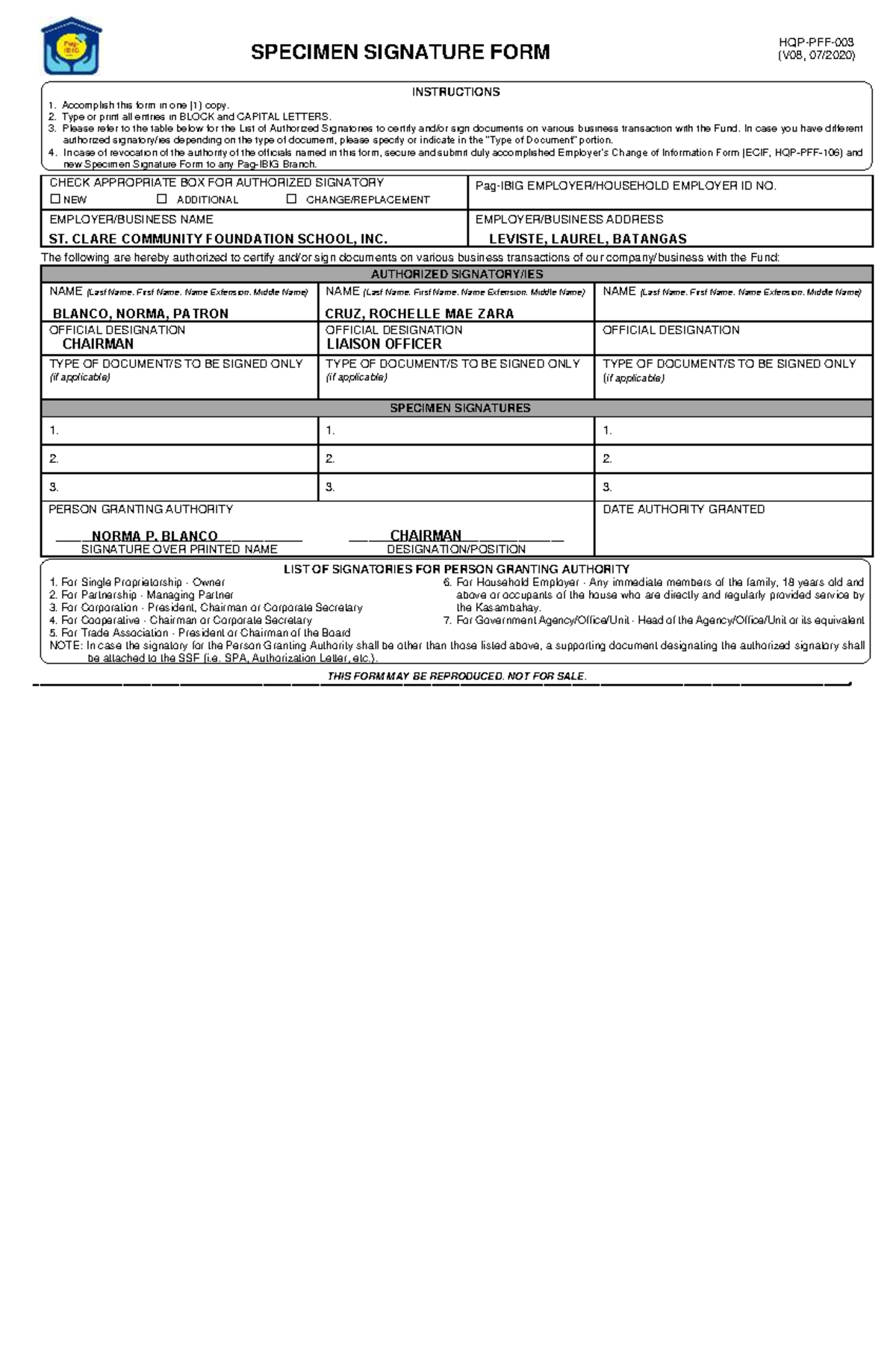 PFF003 Specimen Signature Form Instructions and Guidelines V08 - Studocu