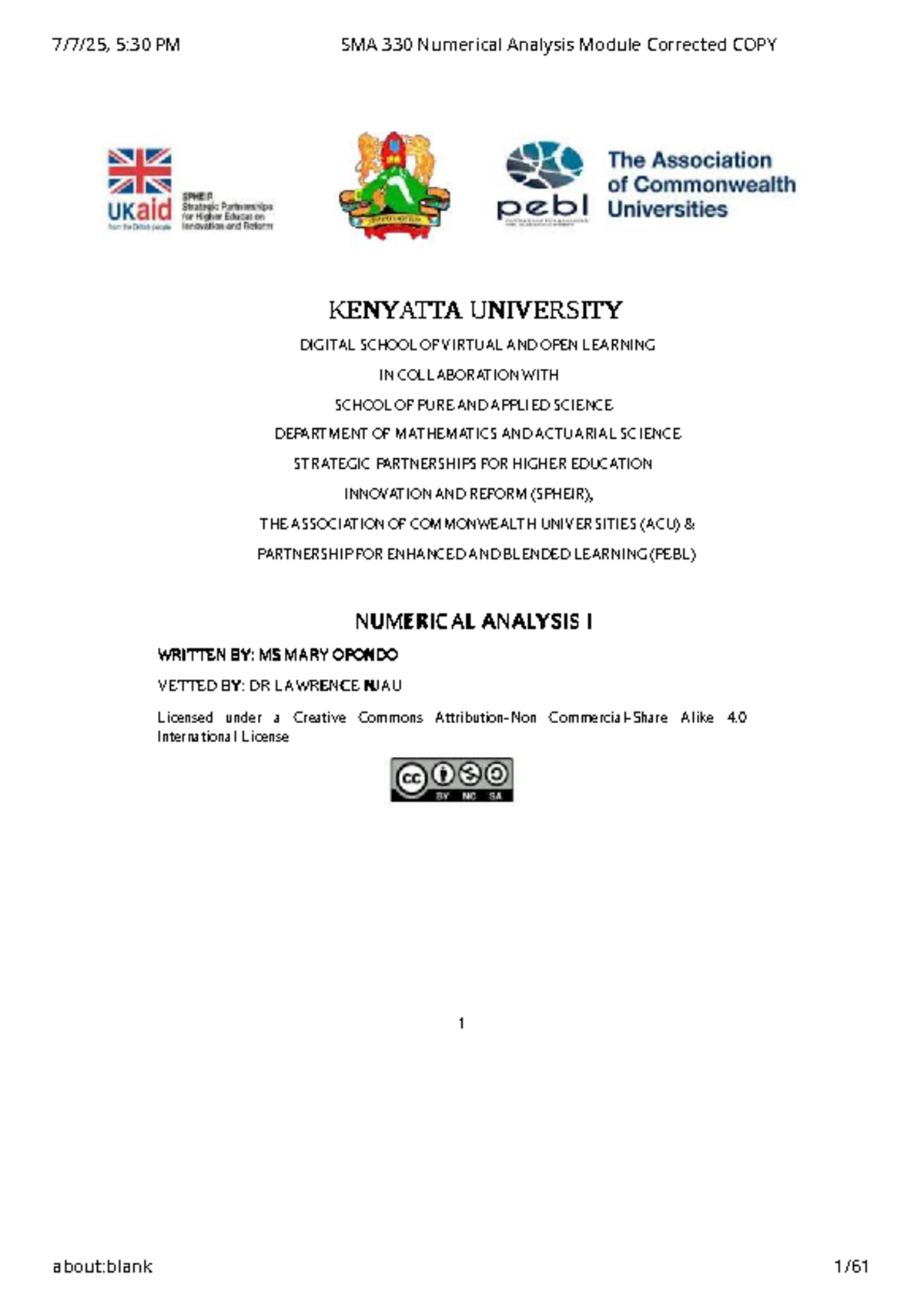 SMA 330 Numerical Analysis Module: Comprehensive Lecture Notes - Studocu