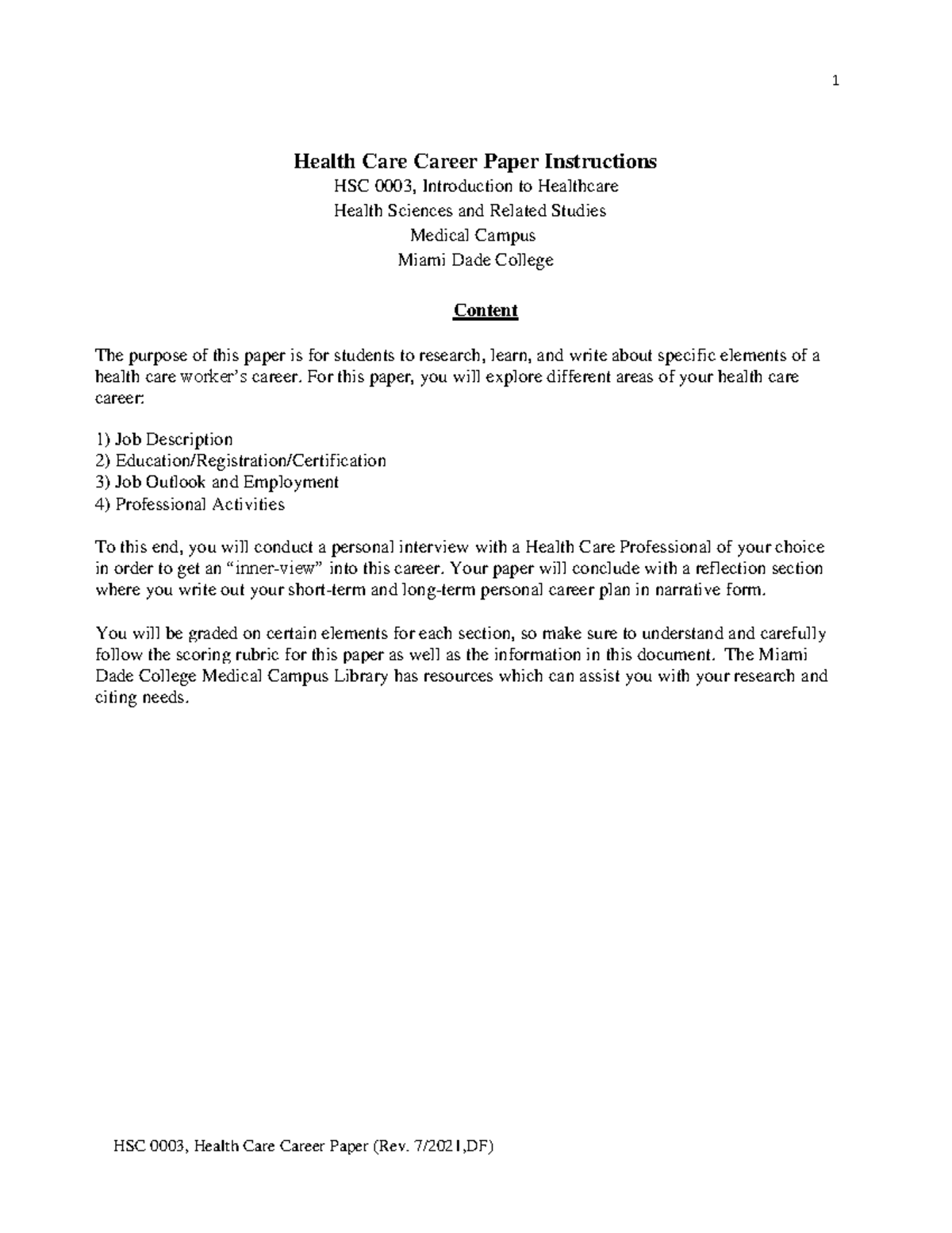 HSC 0003 Health Care Career Paper Guidelines & Requirements - Studocu
