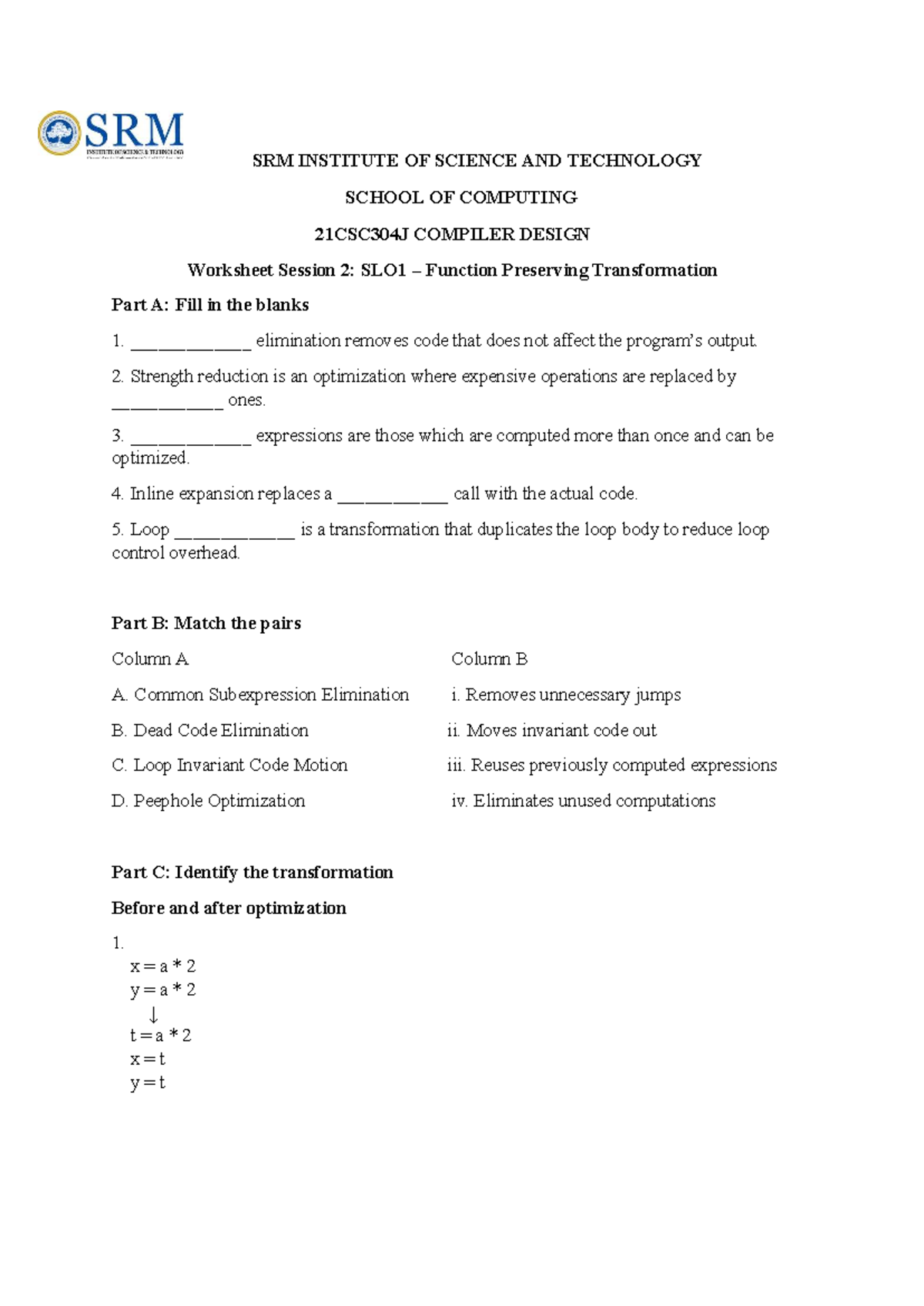 21CSC304J Compiler Design Worksheet: Function Preserving ...